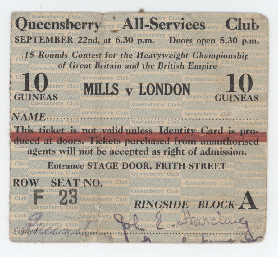 FREDDIE MILLS V JACK LONDON 1943 BOXING TICKET: Sportspages.com