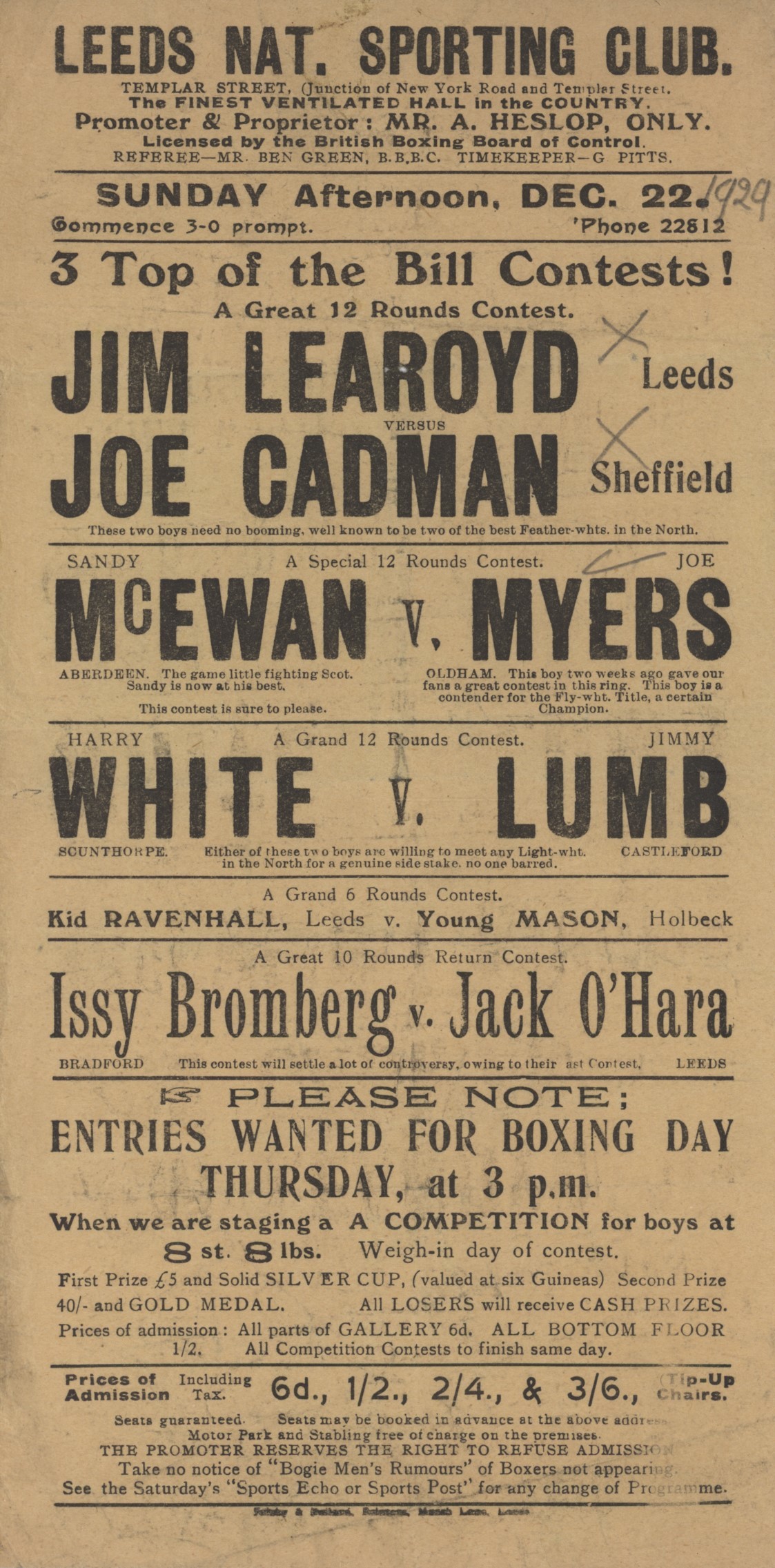 JIM LEAROYD V JOE CADMAN 1929 BOXING FLYER POSTER (LEEDS): Sportspages.com