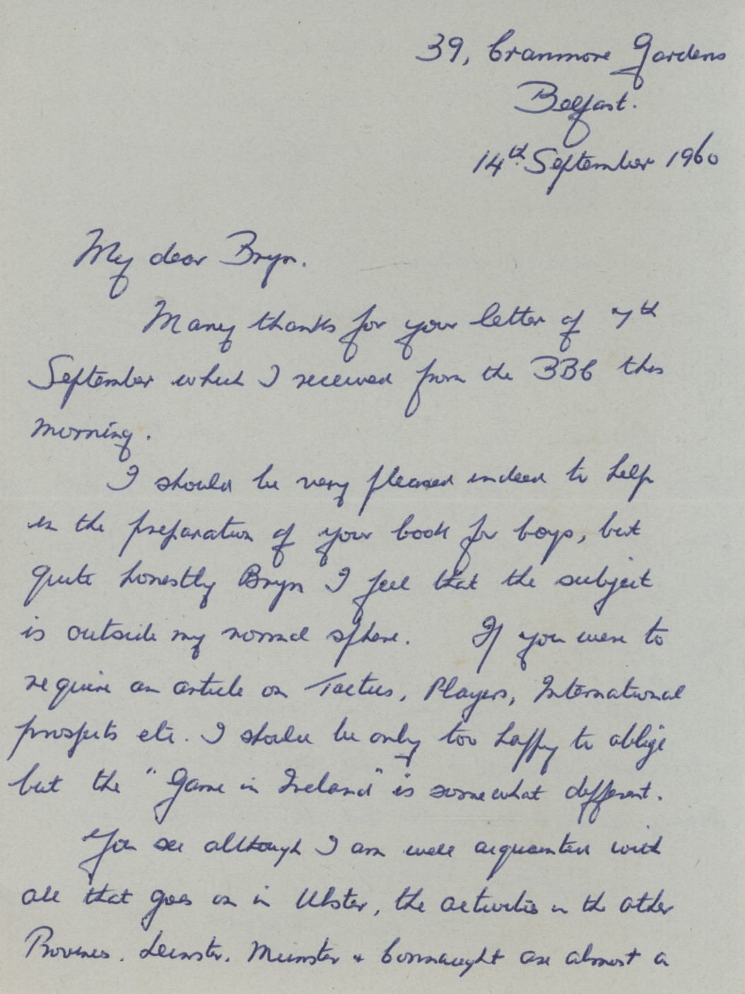 SAMMY WALKER (IRELAND & BRITISH LIONS) 1960 RUGBY LETTER - Rugby ...