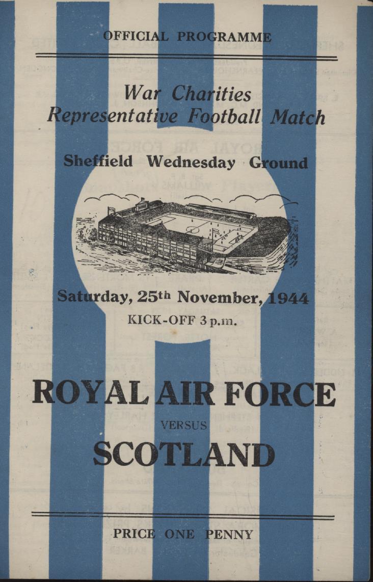 ROYAL AIR FORCE V SCOTLAND (WAR CHARITIES) 1944 FOOTBALL PROGRAMME ...