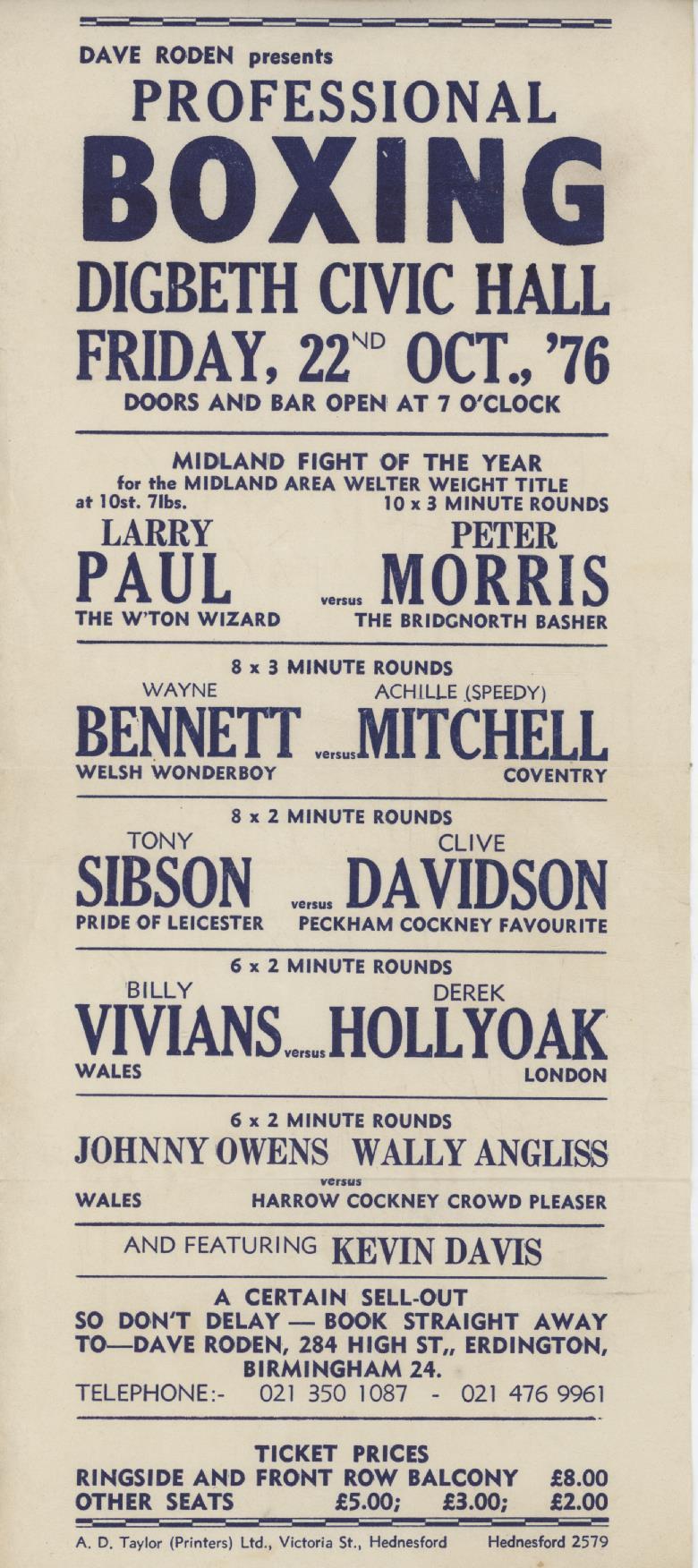 LARRY PAUL V PETER MORRIS (DIGBETH) 1976 BOXING FLYER POSTER ...
