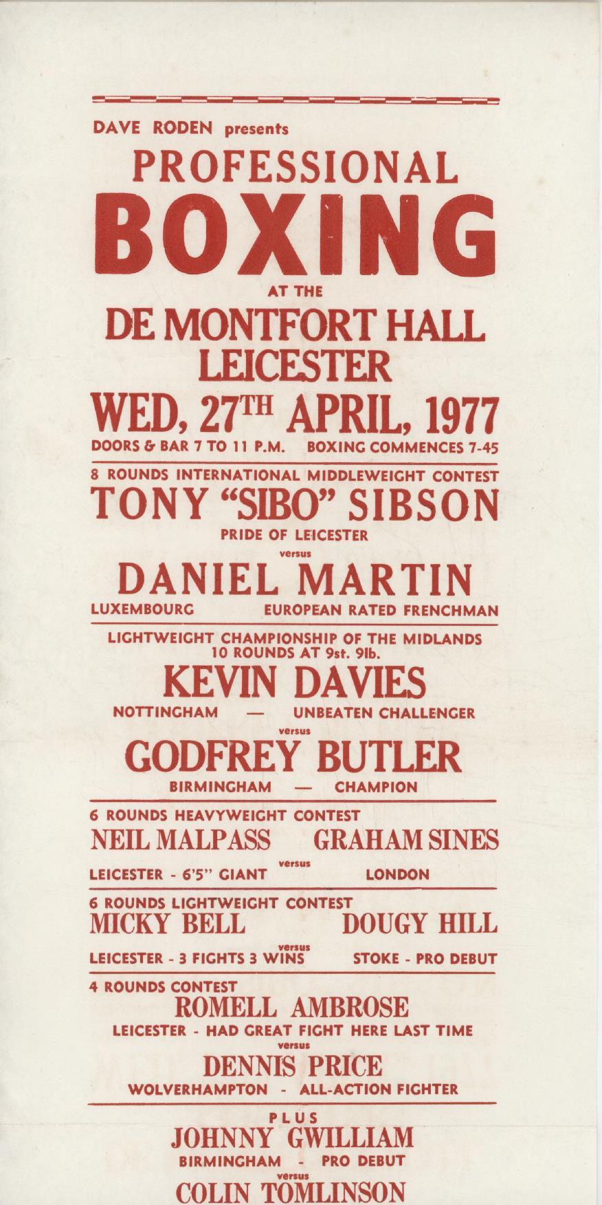 TONY SIBSON V DANIEL MARTIN (DE MONTFORT HALL) 1977 BOXING FLYER POSTER ...