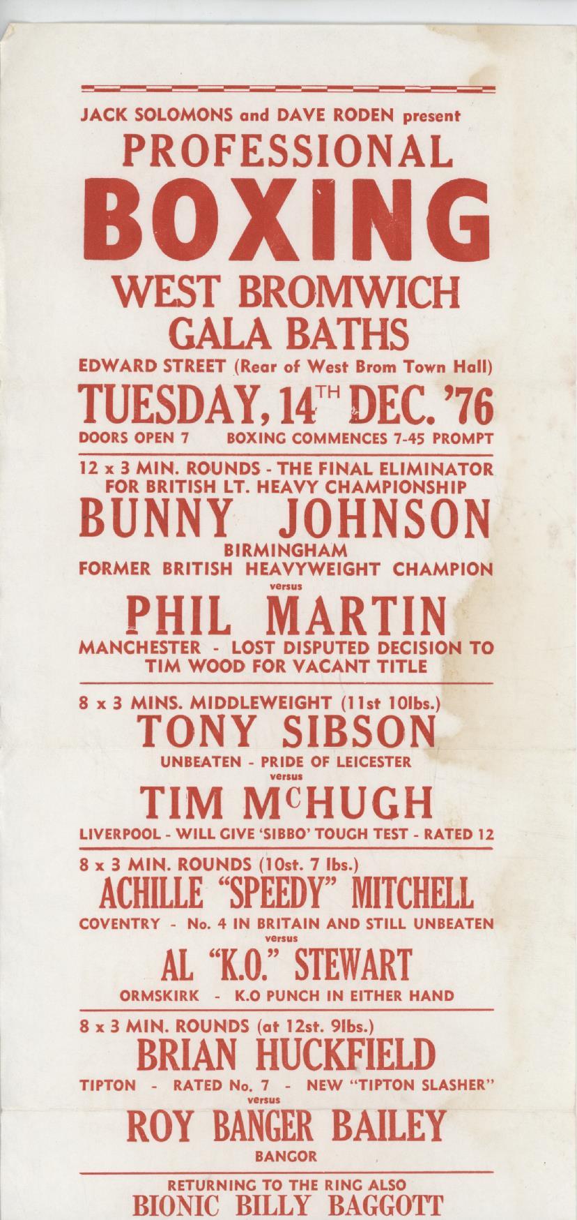 BUNNY JOHNSON V PHIL MARTIN (WEST BROMWICH GALA BATHS) 1976 BOXING ...