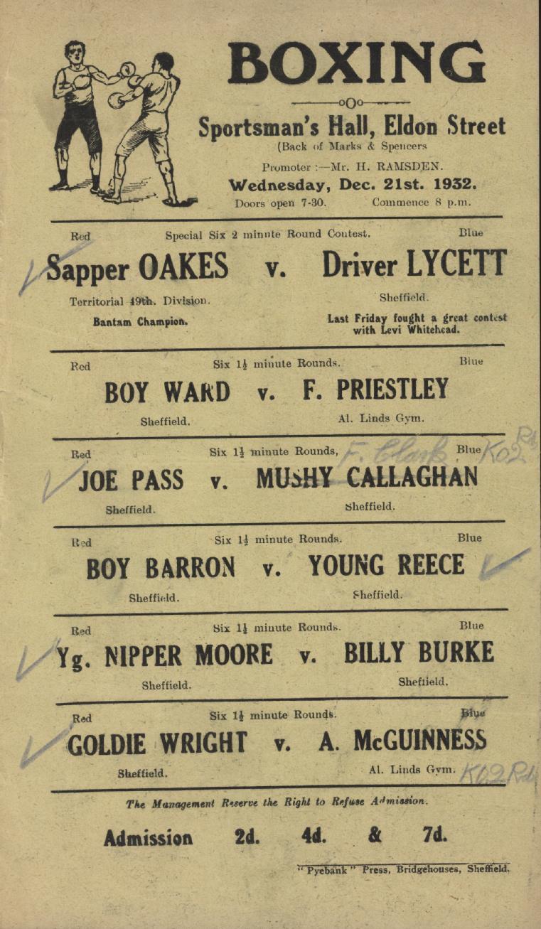 SAPPER OAKES V DRIVER LYCETT (SHEFFIELD) 1932 BOXING FLYER POSTER ...