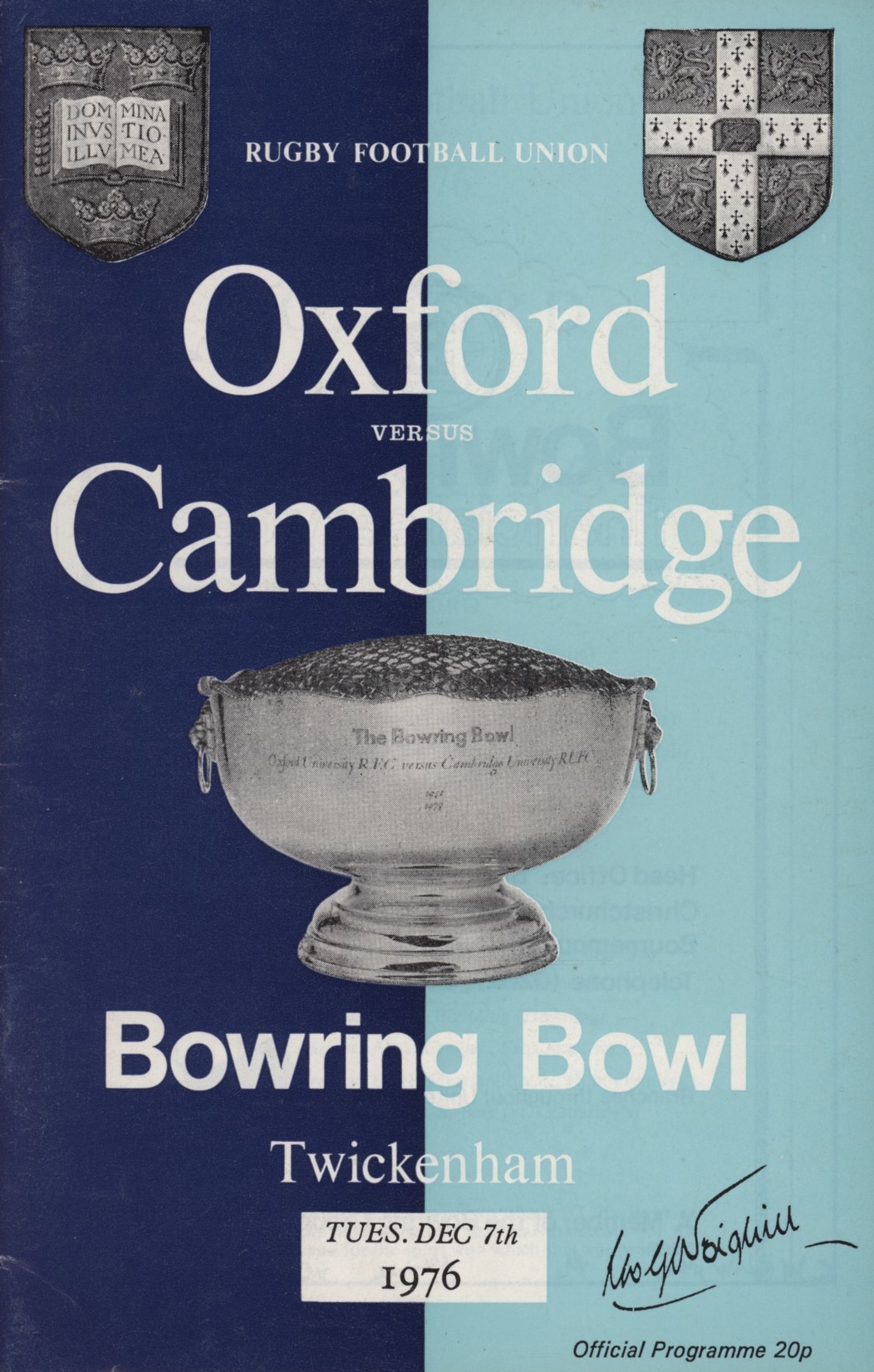 OXFORD V CAMBRIDGE 1976 RUGBY UNON PROGRAMME - Rugby Union Programmes ...