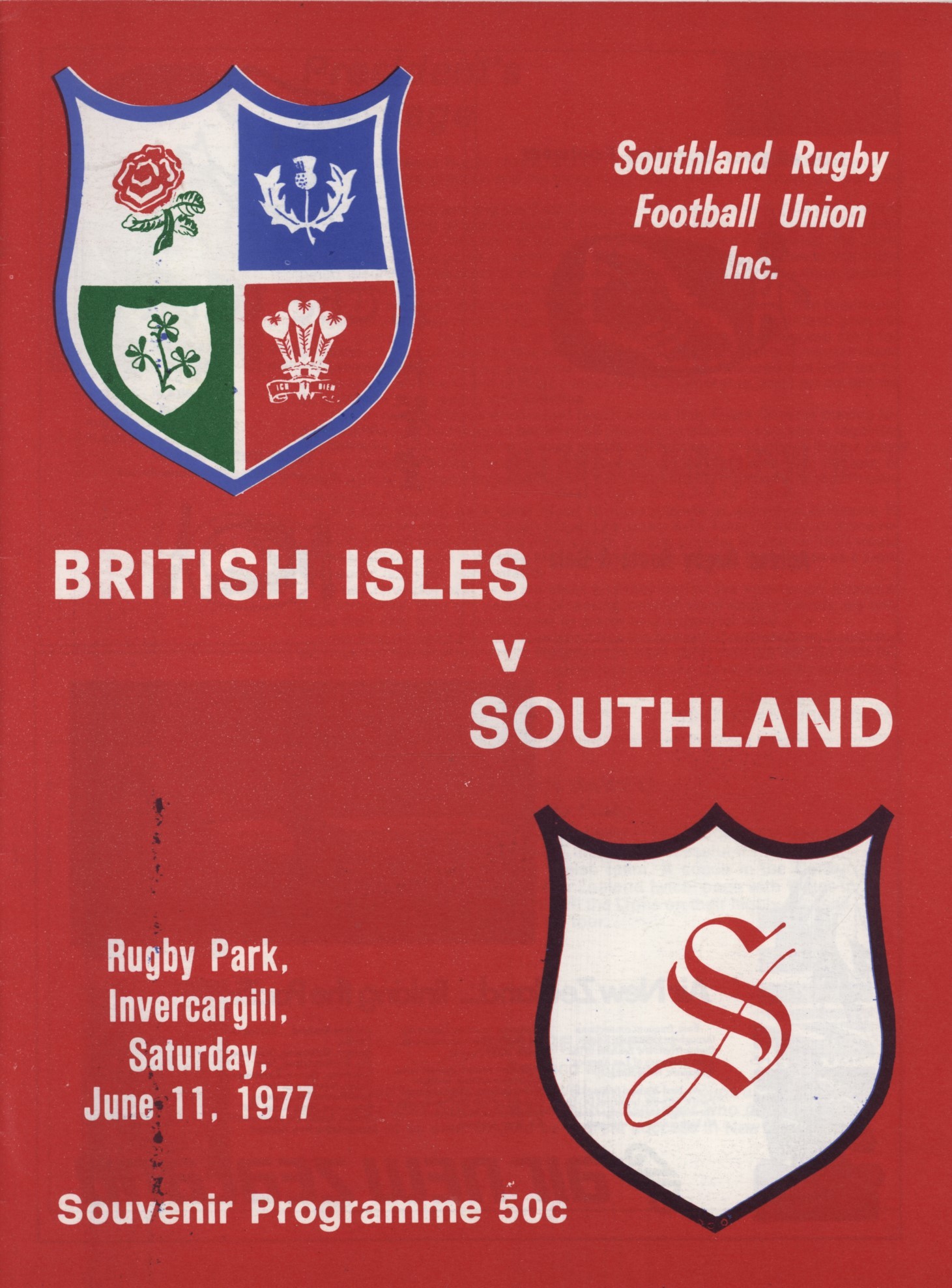 SOUTHLAND V BRITISH ISLES 1977 RUGBY UNION PROGRAMME - British & Irish ...