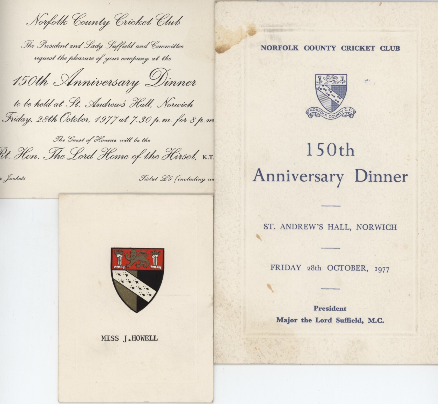 NORFOLK COUNTY CRICKET CLUB 150TH ANNIVERSARY DINNER MENU 1977 ...