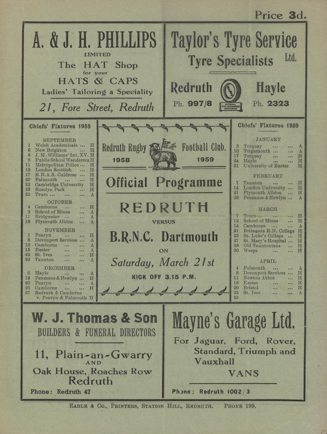 REDRUTH V B.R.N.C. DARTMOUTH 1959 RUGBY UNION PROGRAMME - Rugby Union ...