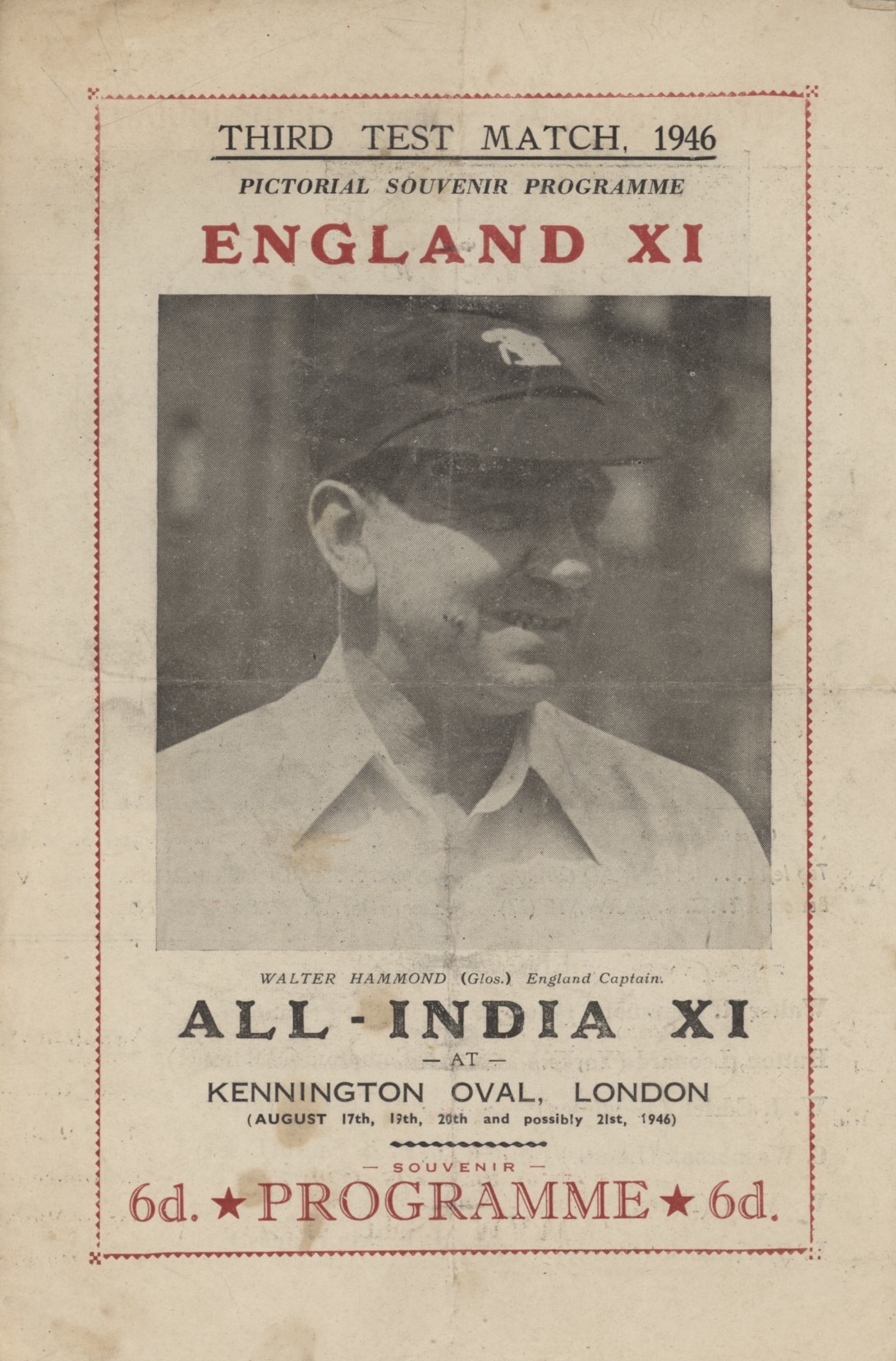 ENGLAND V INDIA 1946 (OVAL) CRICKET PROGRAMME - Cricket Test Match ...